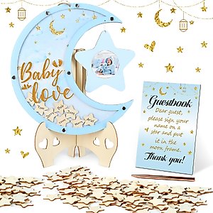 Baby Shower Guest Book Alternatives Moon Guest Book for Baby Shower Guest Book Frame with Star Baby Shower Decorations Guest Book Alternative for Wedding Boys Girls Birthday Party Keepsake(Blue)