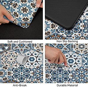 Blue Boho Kitchen Mats Set of 2 Cushioned Anti-Fatigue Kitchen Rugs Waterproof Kitchen Floor Rug Washable Comfort Standing Mat Kitchen Carpet Runner Rug for Sink Laundry,17.3x28+17.3x47 Inch
