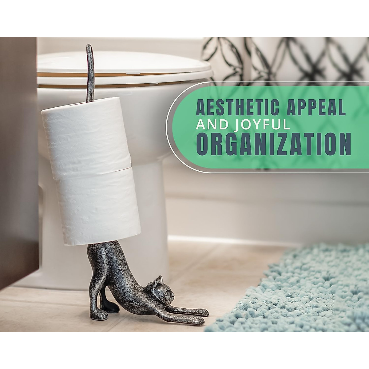 Yoga Cat Decorative Paper Towel Holder or Toilet Paper Holder by Comfify - Adorable Downward Dog Pose Kitty- Cast Iron Paper Towel Stand - Antiqued Cast Iron White Color - 19" - Silver with Black