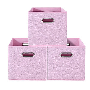 ANMINY 3PCS Storage Cubes Set Romantic Rose Print Large Storage Bins Boxes Baskets Non-Woven Fabric with Handles Desktop Closet Shelf Foldable Organizer Container for Home Office 11"x 11"x 11" - Pink
