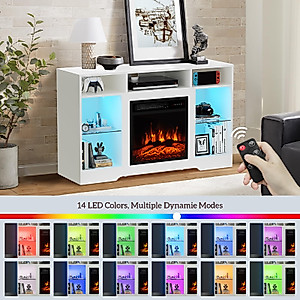 BREEZEHEAT Fireplace TV Stand for TVs Up to 55"-Led Entertainment Center-47 inch TV Stand with 18" Electric Fireplace-Bedroom Wooden TV Cabinet with Glass Shelves, Modern Media Console (White)