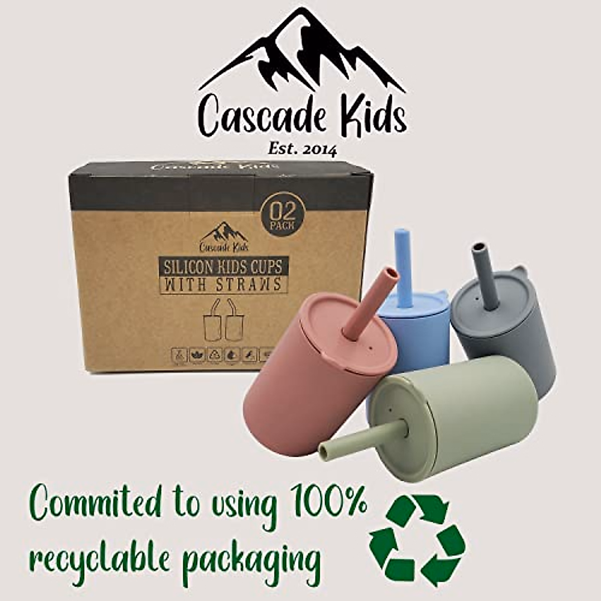 Cascade Kids Silicone Kids Cups with Straws and Lids, (2 Pack),100% Food Grade Silicone,Non Plastic, BPA-Free, Unbreakable, Smell Proof, for Kids and Toddlers 6+ Months, 6oz, (Sage Green, Stone Grey)