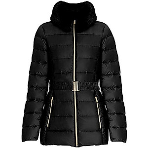 Michael Kors Women's Black Faux fur Collar Belted Lightweight Puffer Coat (L)