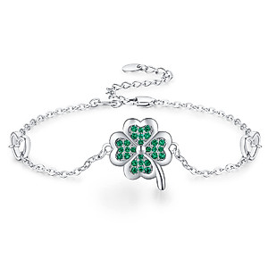 Midir&Etain Four Leaf Clover Bracelet 925 Sterling Silver St Patricks Day Irish Jewelry Gifts Prom Crystal Heart Bracelet for Lover Women Wife