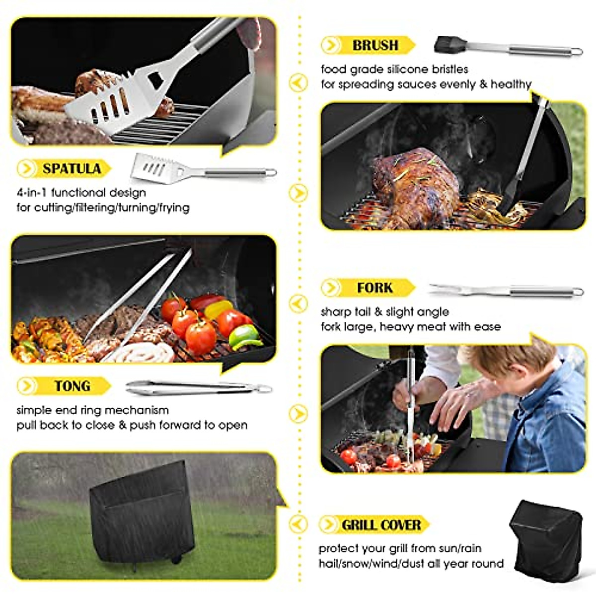Barrel Charcoal Grill with Offset Smoker, HaSteeL Outdoor BBQ Grill Set of 15, Large Camping Grill for Patio Backyard Garden Smoking Barbecue, Grill Cover, Spatula, Tong, Brush, Fork, Carrying Bag
