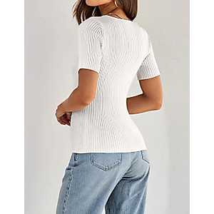 ZESICA Women's 2024 Short Sleeve Square Neck T Shirts Slim Fitted Summer Ribbed Knit Basic Casual Tee Tops,White,Medium