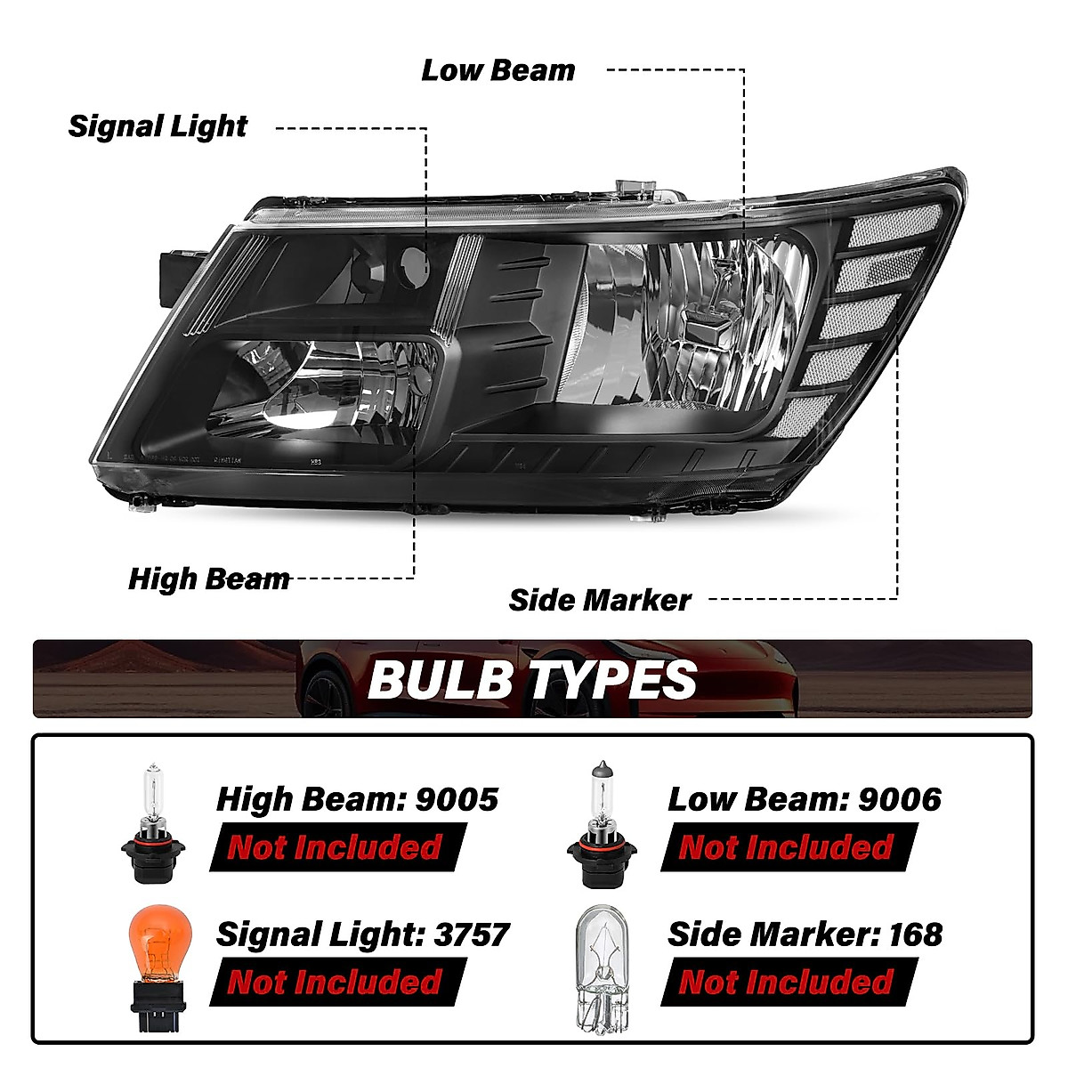 Bingbingmotor BRYGHT Headlight Assembly Fit for 09-20 Dodge Journey Passenger and Driver Side Halogen Replacement OE Headlamp Black Housing with Clear Reflector