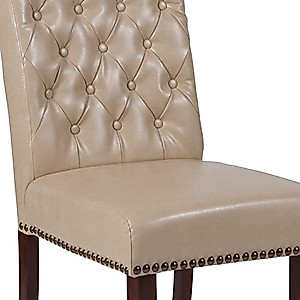 Flash Furniture Set of 4 Hercules Series Beige LeatherSoft Parsons Chairs with Rolled Back, Accent Nail Trim and Walnut Finish