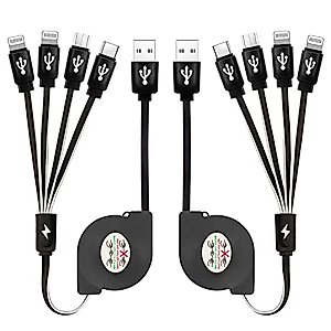 Multi Charging Cable 2 Pack 3FT, 4 in 1 Retractable Multiple Charger Cord Multi USB Cable Adapter with Dual Lightning/Type C/Micro USB Port for iPhone/Samsung Galaxy/Pixel/Phones/Tablets and More