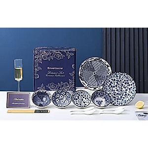 Binvertaocier 14-Piece Porcelain Asian Bowls Set with Spoons Rice Bowls with Chopsticks 10 Oz Bowls,Small Soup Bowls,Asian Plates and Bowls Set, (Vintage blue)