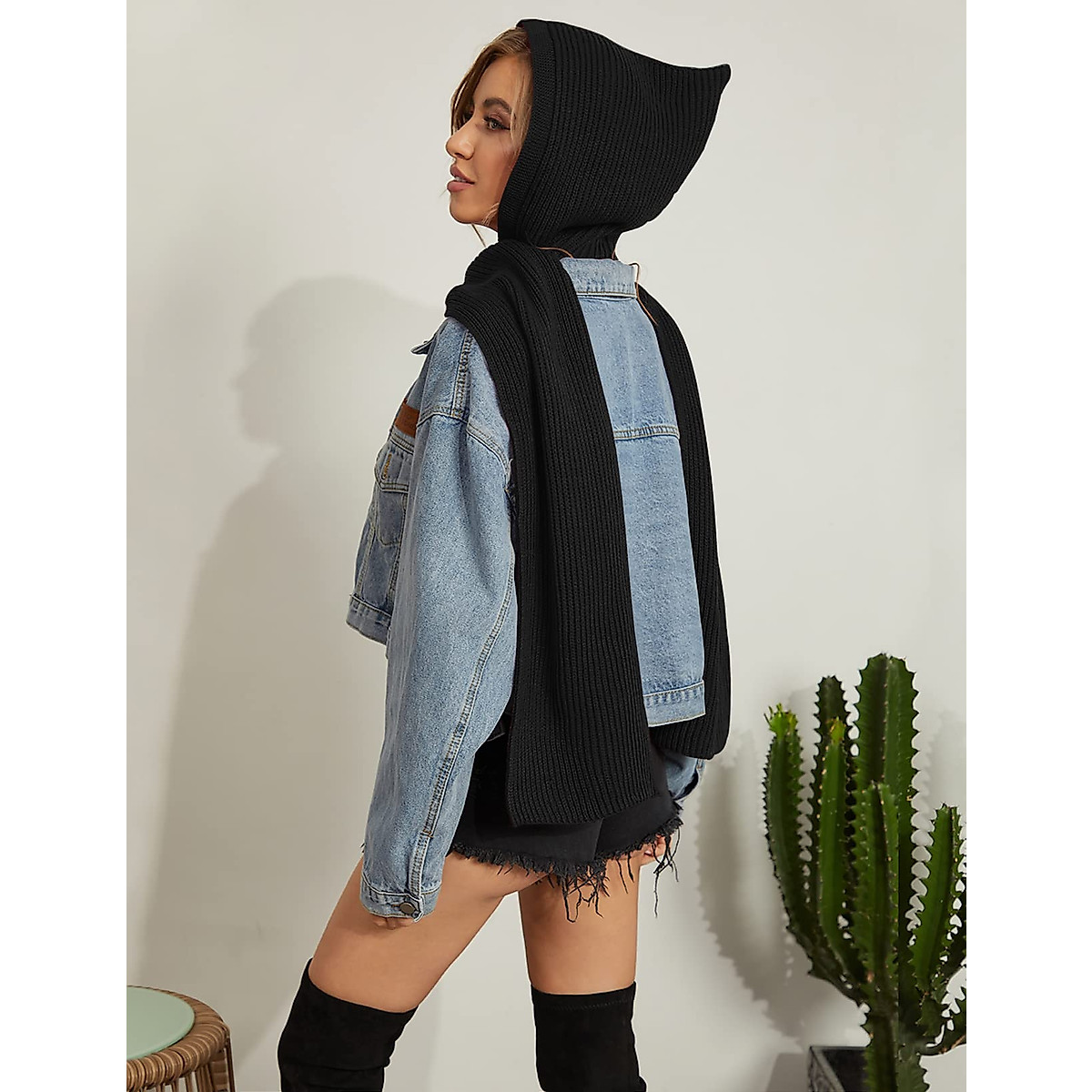 Women Winter Knitted Hooded Long Scarf Warm Shawl Head Scarves Black One Size