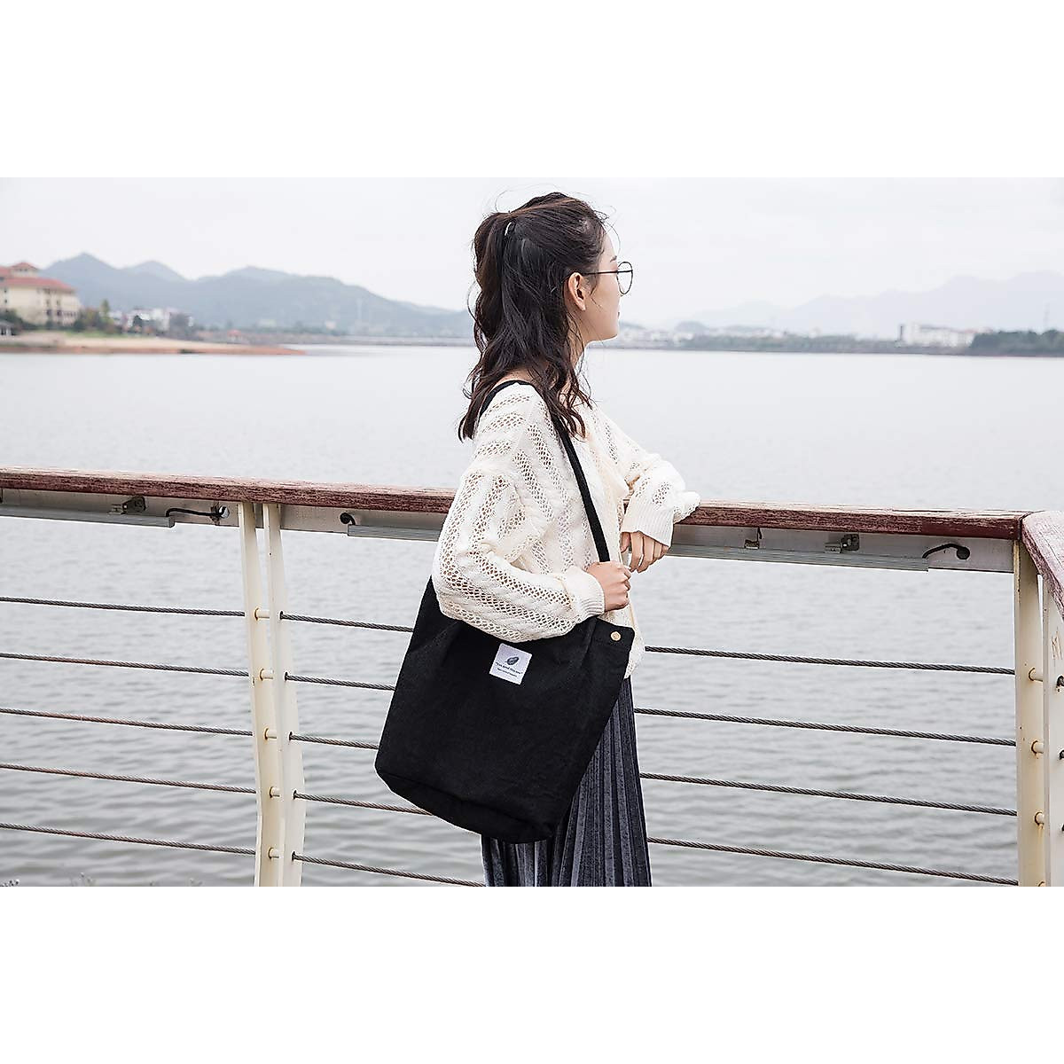 Belsmi Womens Ladies 13 Inches Corduroy Tote Bag (Black)