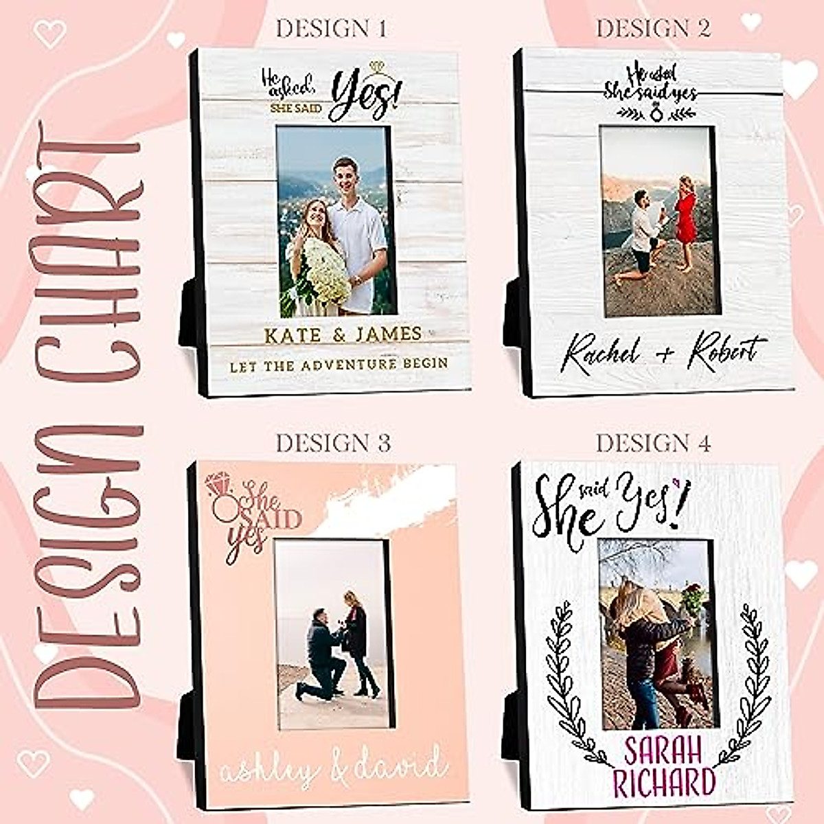 Lara Laser Works He Asked She Said Yes Picture Frame, Personalized Couple Frame w/Names - 2 Sizes & 2 Orientations - Gifts for Engaged Couples, Romantic Picture Frame, Weddings & Engagement Gifts, D2