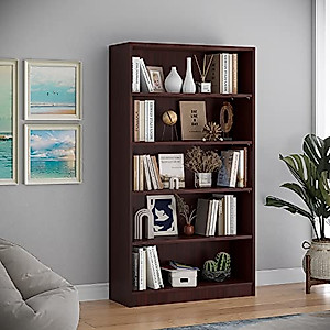 STARY 5 Shelf Bookcase Mahogany Tall Bookshelf for Bedroom 5 Tier Modern Wood Bookshelf 33" Wide 60" Tall