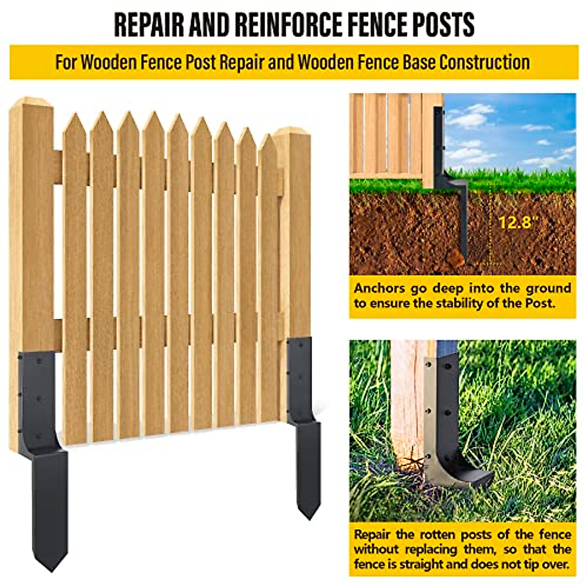 Epcee Heavy Duty Steel 4"x4" (Actual 3.6"x3.6") Fence Post Repair Kit, Fence Post Anchor Ground Spike, for Wooden Fence Post Repair and Wooden Fence Base Construction (2 Pack/Black）