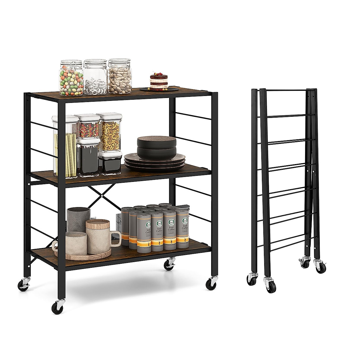 Giantex 3-Tier Folding Bookshelf with Wheels, Industrial Foldable Metal Shelves with Height-Adjustable Shelves, Freestanding Open Shelving Storage, No Assembly Bookcase Display Shelving Rack