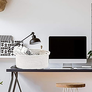 Cotton Rope Basket with Handles 13.4" x 8.7" X 5.9" Woven Cotton Rope Storage Baskets are Ideal for Toy Baskets Laundry Baskets Blanket Baskets and Nursery Baskets（White）