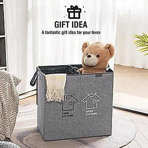 TECHMILLY Double Laundry Hamper with Lid, 140L Large Foldable Dirty Cloth Basket 2 Section with Removable Liners, Tall Divided Laundry Baskets with Handles for Bedroom, Closet, Bathroom - Grey