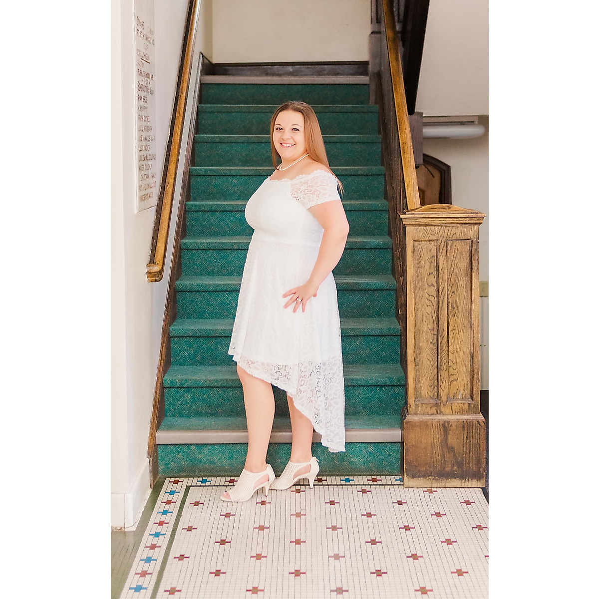 Dressystar Women's Lace Cocktail Dress Hi-Lo Off Shoulder Bridesmaid Swing Formal Party Dress 0042 White L