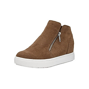 CUSHIONAIRE Women's Hart Sneaker Wedge Booties– Slip-On Sneaker Wedge Boots for Women with Dual Zipper, Cognac 8