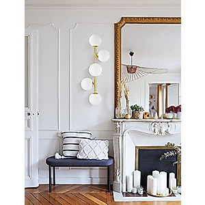 Bathroom Vanity Lights, 5-Light Bathroom Light Fixtures, Mid Century Modern Gold Bathroom Light Ceiling Light, Dimmable LED Wall Sconces Semi-Flush Mount Light Fixture with Milk Glass, Gold Brushed