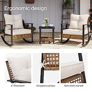 LAUSAINT HOME 3 Pieces Rocking Bistro Set, Outdoor Patio Furniture Set with Thick Cushions and 2-Tier Coffee Table, Oversize Rattan Conversation Sets for Garden, Balcony, Backyard (Beige)