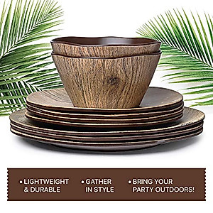 Melamine Dinnerware Sets - 12 pcs Melamine Plates Outdoor Plates Summer Plates and Bowls Sets Melamine Plates Ideal Camping Dish Set Dinnerware Set for 4 Dishwasher Safe (Wood Grain)