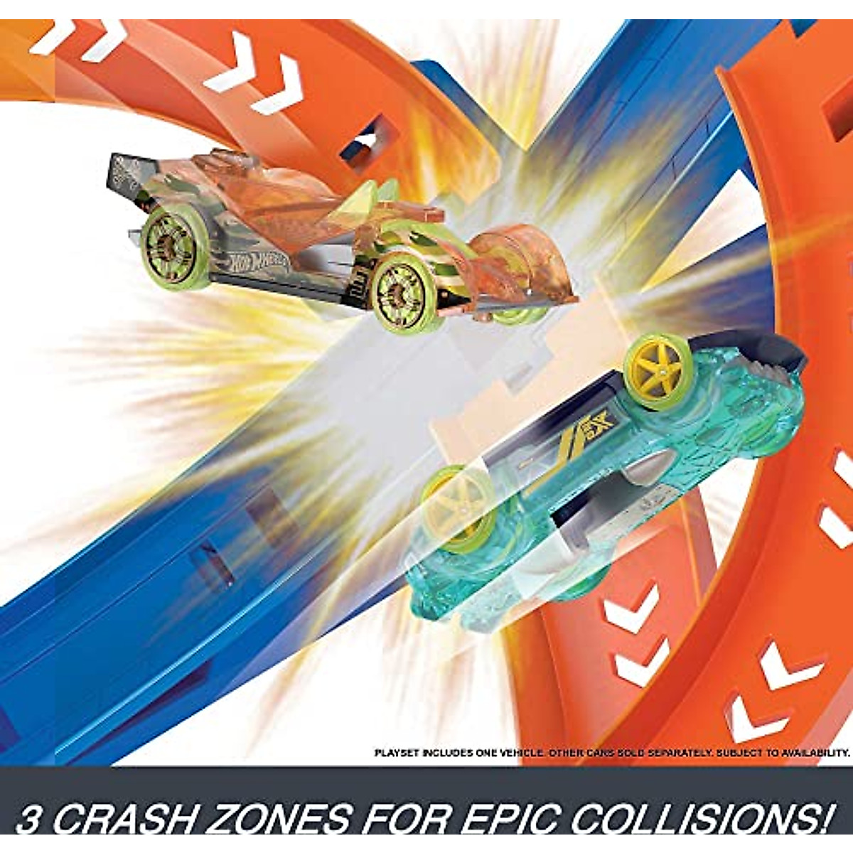 Hot Wheels Toy Car Track Set Spiral Speed Crash, Powered by Motorized Booster, 29-in Tall Track with 1:64 Scale Car