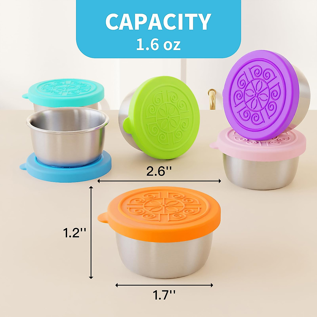 6 PCS 1.6 oz Salad Dressing Container To Go, 304 Stainless Steel Small Condiment Containers with Lids, Leak Proof, Mini Dipping Sauce Cup Set for Lunch Box (Mix Color)