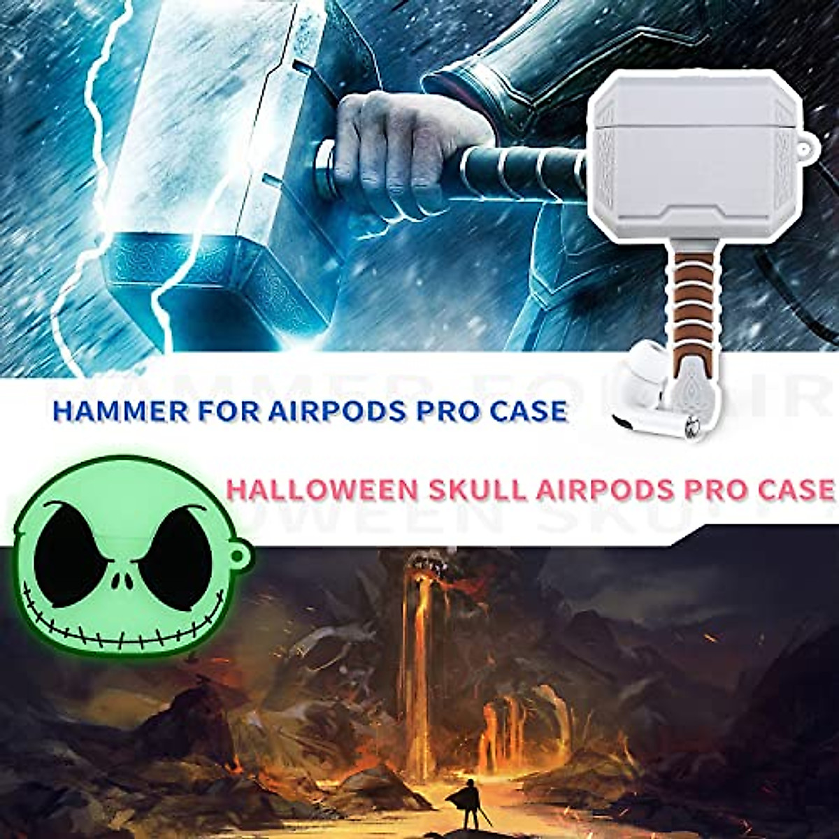 AIBEAMER 2 Pack Accessories for AirPods Pro Case, Hammer+ Luminous Skull with 2 Keychain, Cartoon 3D Anime Cool Silicone Skin Cover Stylish Funny for Airpods Pro Boys Men Girls Women Kids