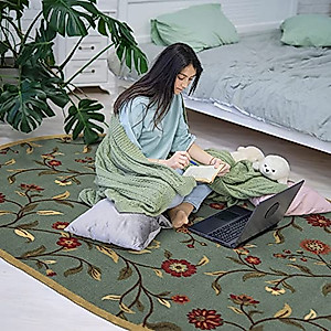 Ottomanson Ottohome Collection Non-Slip Rubberback Floral Leaves Design 5x7 Indoor Oval Area Rug, 5' x 6'6" Oval, Seafoam Green