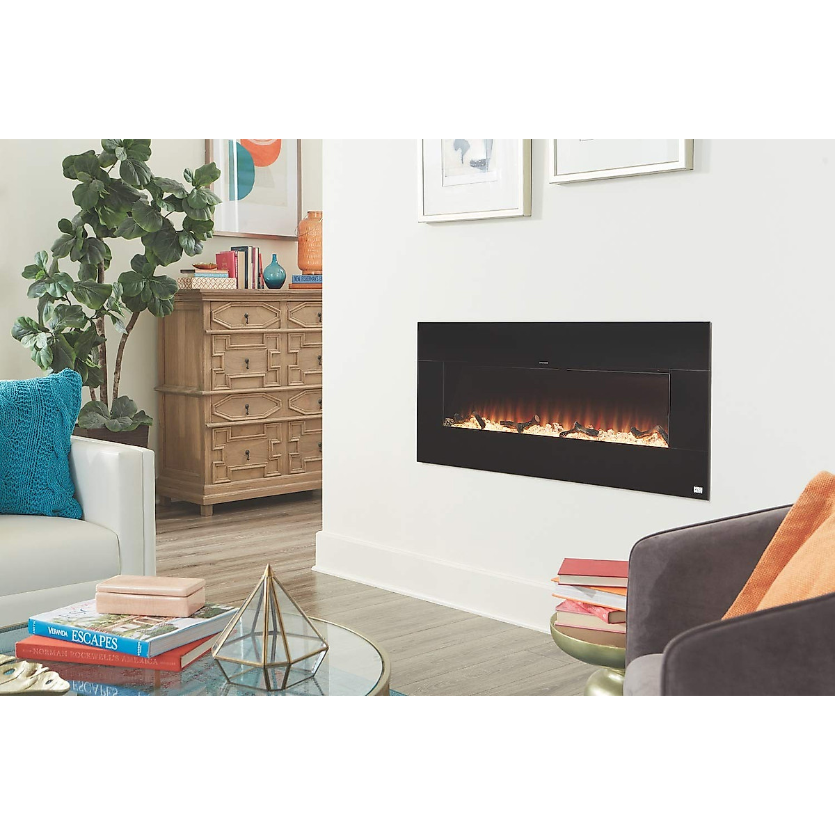 BurnBrite 88001 50-Inch Dual-use Wall Mount & Recessed Electric Fireplace with Crystals and Driftwood, Black