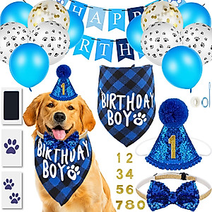 18 Pieces Dog Birthday Party Supplies, Pet Birthday Boy Bandana Dog Birthday Bandana Balloon Banner Pet Birthday Hat with 0-8 Figures Touch Ink Pad and Imprint Cards Dog Birthday Party Decorations