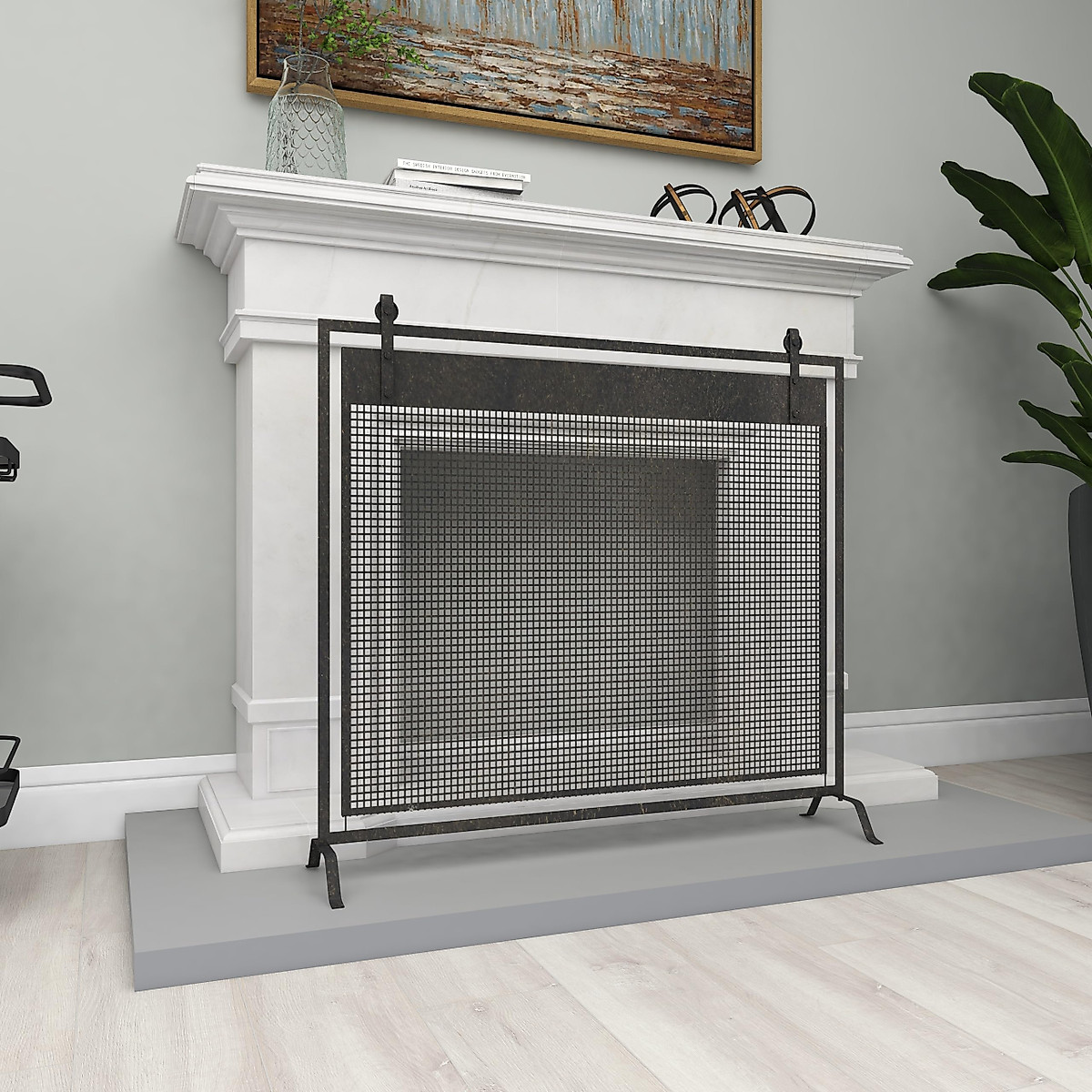 Deco 79 Metal Geometric Fireplace Screen Suspended Grid Single Panel with Bolted Detailing, 38" x 9" x 35", Black
