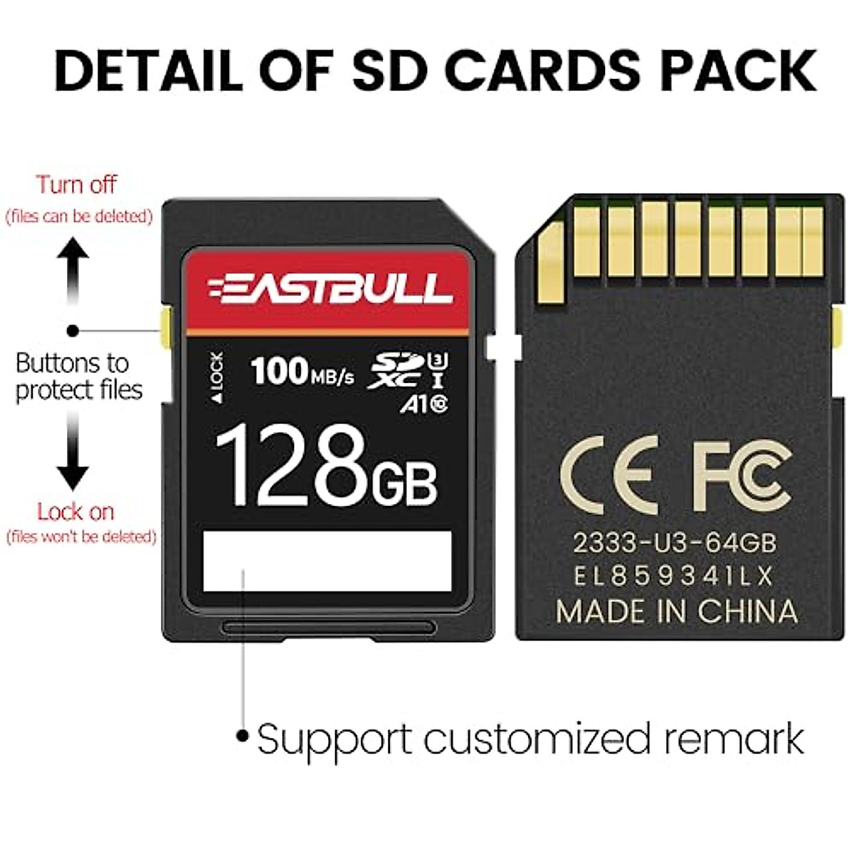 EASTBULL 2-Pack SD Card 128GB U3 V30 High-Speed 100MB/s Read Class 10 SD Card SDXC Memory Card for Camera, Full HD Video, with 2 Mini Case (128GB, 2 Pack)