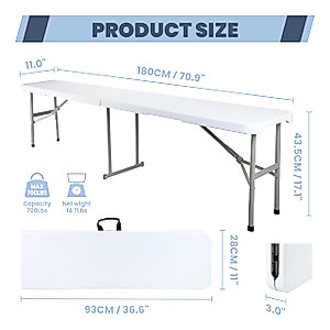 CARTMAN 6 feet Plastic Folding Bench,Portable in/Outdoor Picnic Party Camping Dining Seat, Smooth HDPE Tabletop, 2 Pack, White