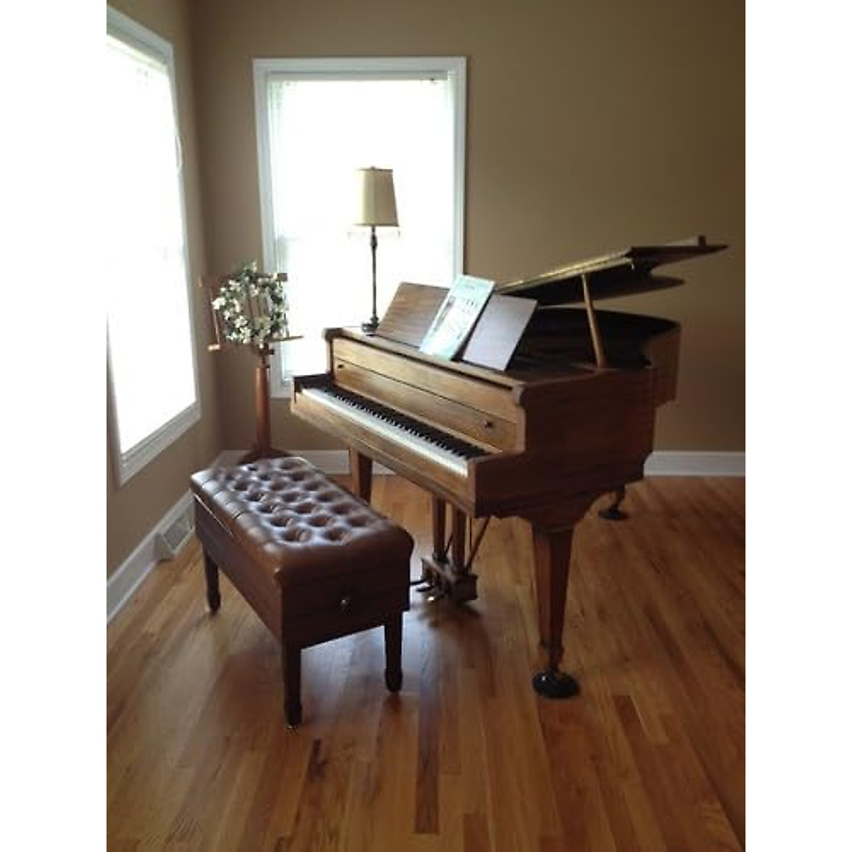 CPS Imports Genuine Leather Adjustable Duet Size Artist Concert Piano Bench Stool in Walnut Satin with Music Storage