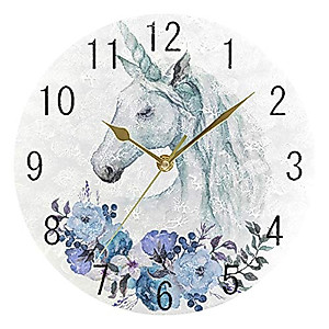 Unicorn Silent Round Wall Clock,Flowers Non-Ticking Decorative Battery Operated Quiet Clock for Living Room Home Office School Kitchen,Small, 9 Incl Desk Clock