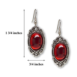 Gothic Blood Red Cabochon Dangle Earrings In Silver Finish Pewter Frame