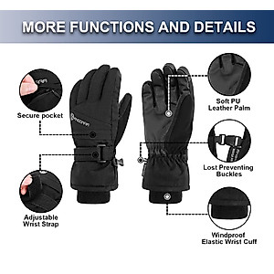 ANDORRA Ski Gloves Women Touchscreen Zipper Pocket Snow Gloves Snowboarding Gloves, Black, S