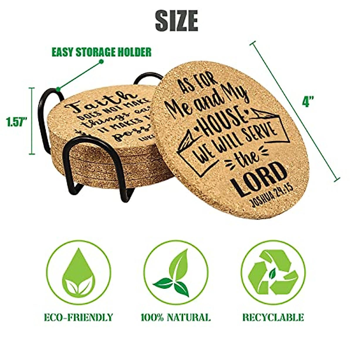 Homythe Christian Gifts for Women Men, Bible Verse Scripture Coasters with Inspirational Thoughts and Prayers, Religious Housewarming Gift for Friends Family, 6 Pcs Cork Coasters with Metal Holder