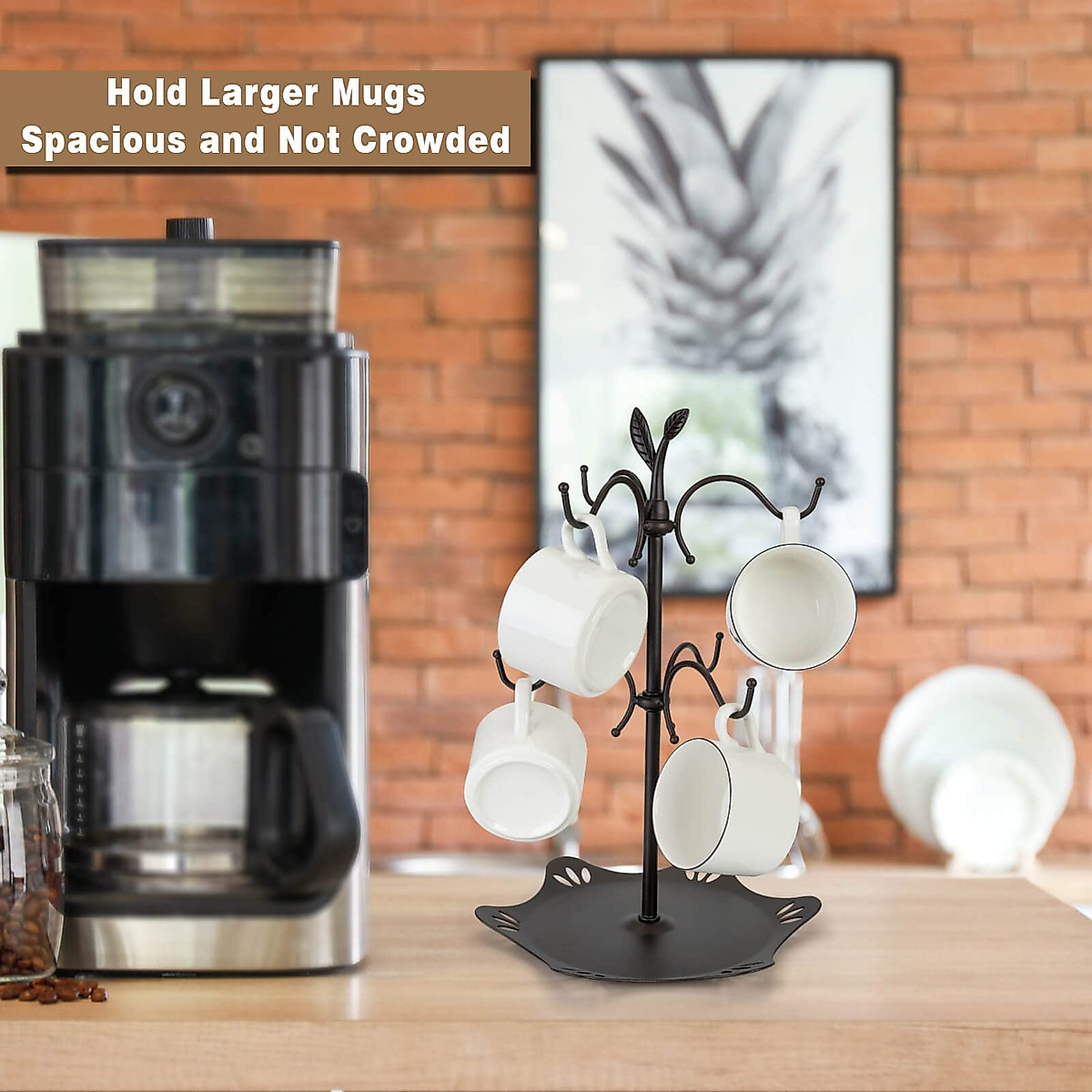 Coffee Mug Holder for Large Mugs, Mug Tree for Counter, Coffee Cup Holder for Countertop, Mug Rack with Tray, Metal Coffee Mug Tree with 6 Hooks, Coffee Counter Bar Accessory & Kitchen Home Organizer