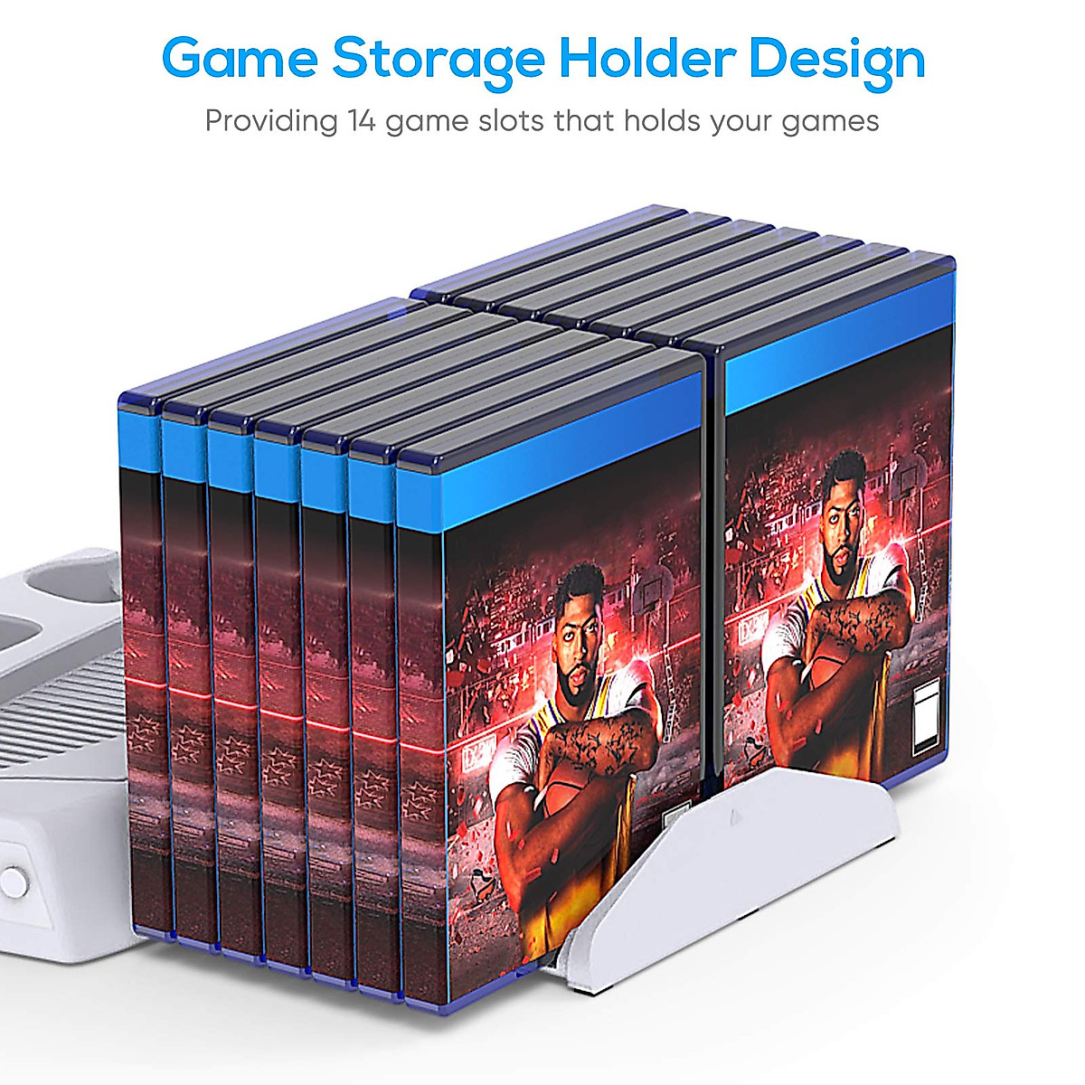 MENEEA Vertical Stand for PS5 Digital Edition/Ultra HD with Dual Controller Charging Station & Suction Cooling Fan & 14 Retractable Game Slots, for PS5 Gaming Accessories for PS5 Console