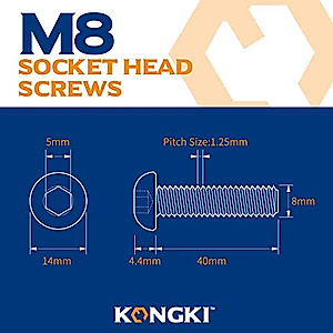 M8-1.25 x 40mm Button Head Socket Cap Screws, Stainless Steel 18-8, Allen Socket Drive, Full Thread, Machine Thread, Quantity 10