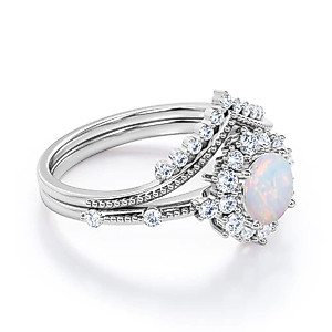 Opal Engagement Ring for Women Bridal Sets 1.35ct Opal and Moissanite Engagement Ring Set 10K White/Rose Gold Wedding Ring Set Opal Birthstone Anniversary Ring Free Engraved