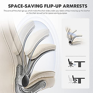 COLAMY Office Chair-Ergonomic Computer Desk Chair with Thick Seat for Comfort, High Back Executive Chair with Padded Flip-up Arms, Stylish Leather Chair with Upgraded Caster for Swivel (Ivory, 300lbs)