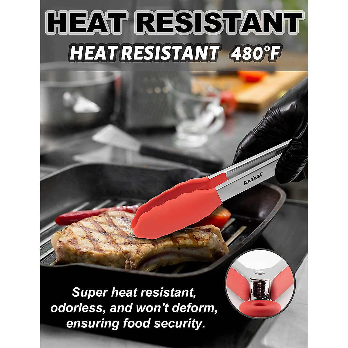 Anaeat Non-Stick Silicone Locking Tong Set of 3 - Stainless Steel 7", 9" and 12" Kitchen Food Tongs with Non-Slip Silicone Tips and Grip for Cooking, Baking and BBQ - Heat Resistant up to 480°F