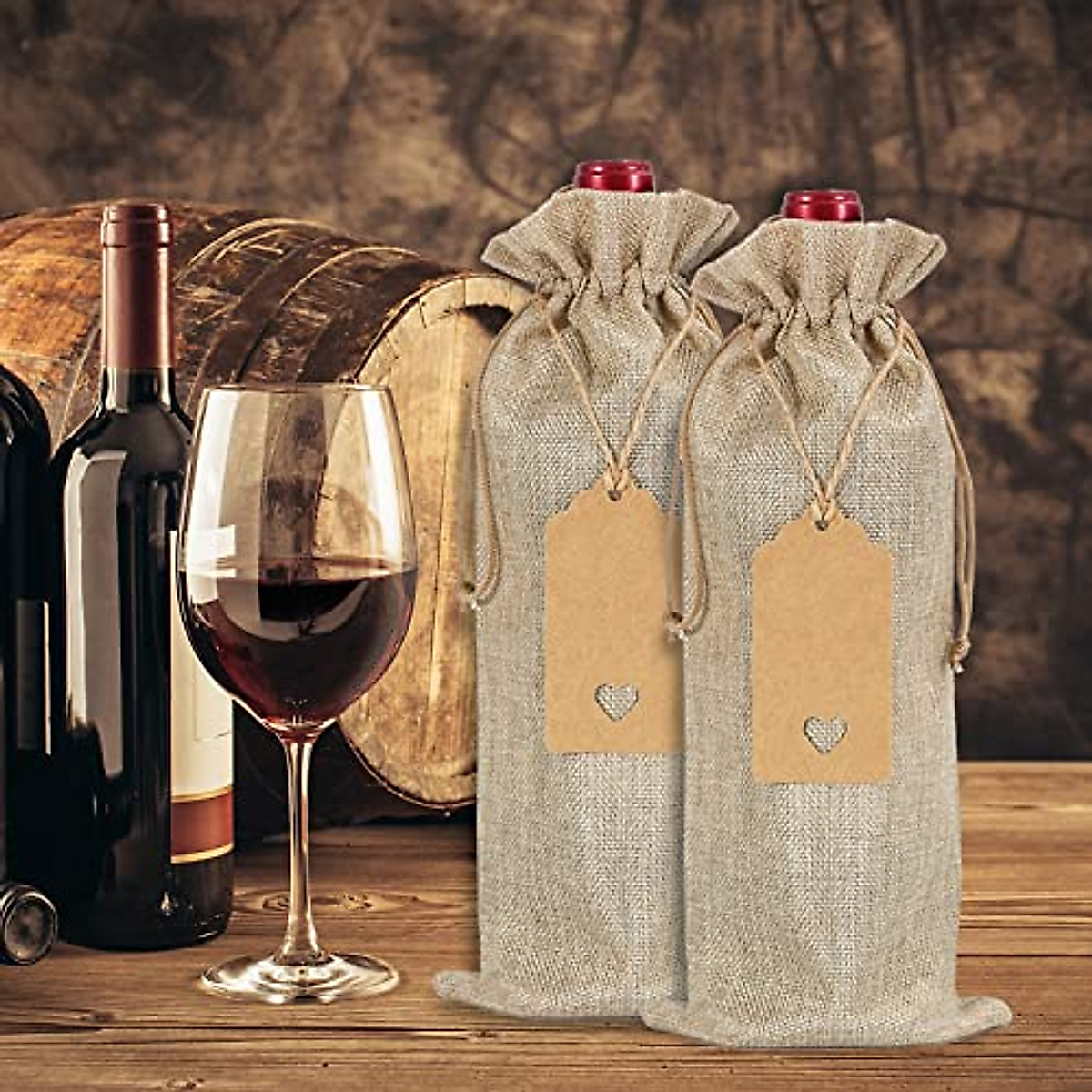 Qibote Burlap Wine Bags with Drawstrings, Wine Bags Gift - Single Reusable Bottle Bags Perfect for Travel, Wedding, Birthday, Housewarming and Dinner Party (12 Pcs - Brown)