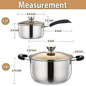 P&P CHEF 2QT Saucepan & 4QT Stockpot Set, Stainless Steel Cooking Stock Pot with Lid, Good Cookware for Kitchen Cooking Boiling, Visible Lid & Heat-proof Handle, Dishwasher Safe