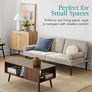 Best Choice Products Mid-Century Modern Upholstered Futon, Convertible Folding Sofa Bed, Small Couch w/Rounded Armrests, 2 Cupholders - Sand